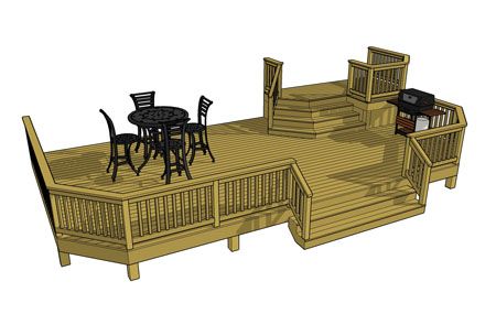 Medium Elevation Bi-Level Deck Plan with Angled Staircase | Decks.com